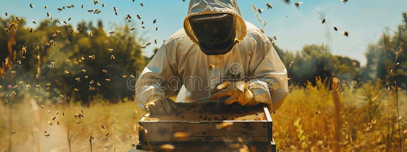 A Man Takes Care of a Beehive with Bees Stock Illustration ...
