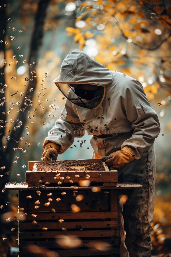 A Man Takes Care of a Beehive with Bees Stock Illustration ...