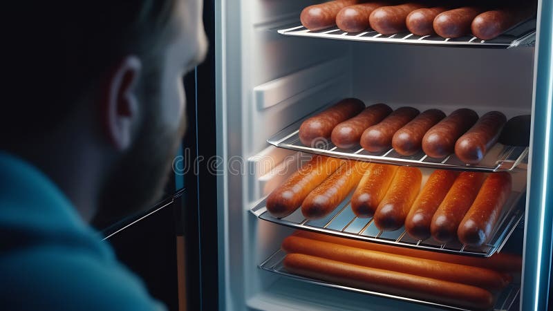 A Man Takes Sausage Sticks Out of the Refrigerator Stock Illustration ...