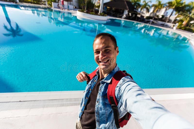 Man Takes a Selfie Near the Pool Stock Photo - Image of adult, male ...