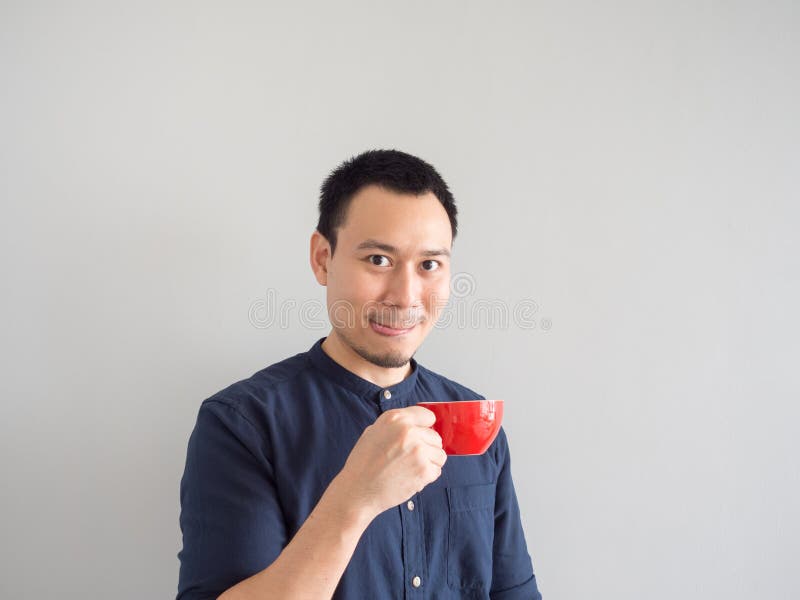 Man Takes a Sip of Coffee in Red Cup. Stock Image - Image of happy ...