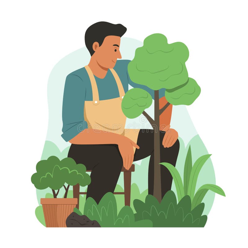 Man Taking Care of Tree in Garden. Stock Vector - Illustration of hobby ...