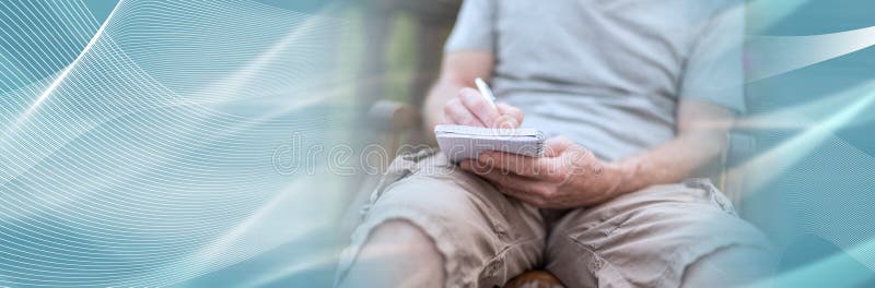 Man Taking Notes on a Pocket Book; Panoramic Banner Stock Image - Image ...