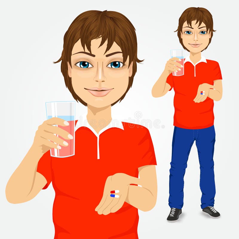 Man Taking Pills with Glass of Water Stock Vector - Illustration of ...