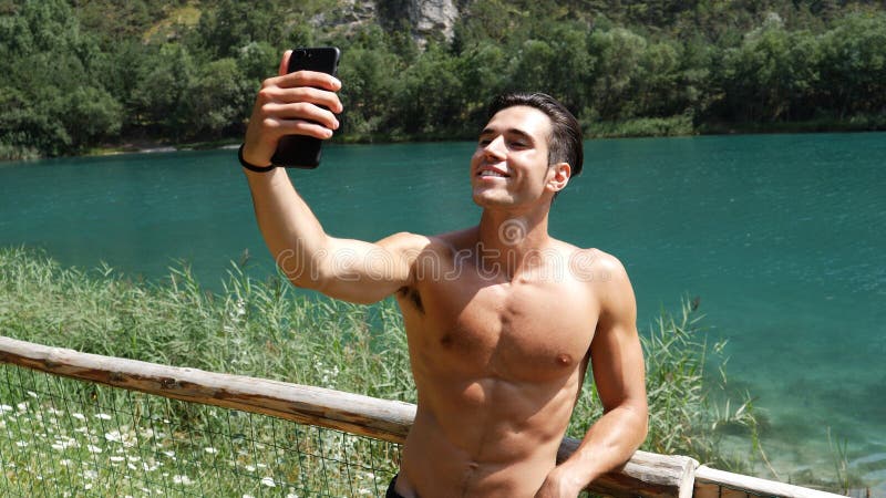 Man Taking Selfie At Lake Stock Image Image Of Lifestyle 103286985