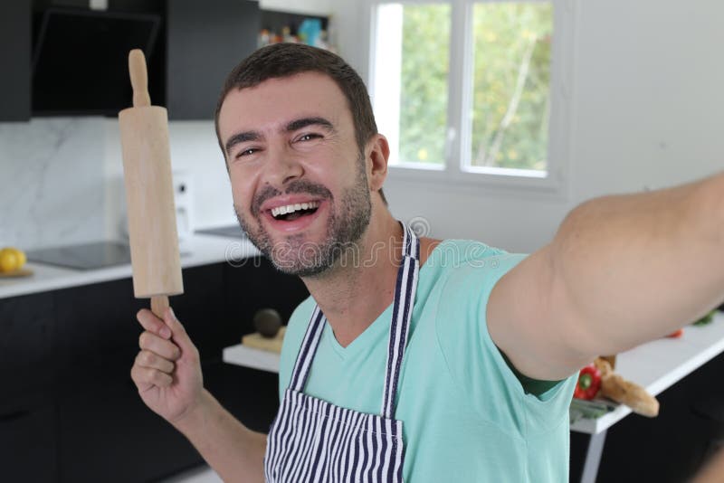 Man Taking Selfie with Rolling Pin in the Kitchen Stock Image - Image ...