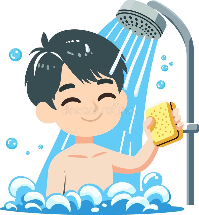 Illustration of a Happy Child Taking a Shower with a Sponge Under a ...