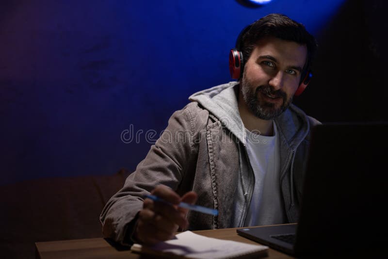 Man Talking with Client on Workplace. Businessman Working at Laptop ...