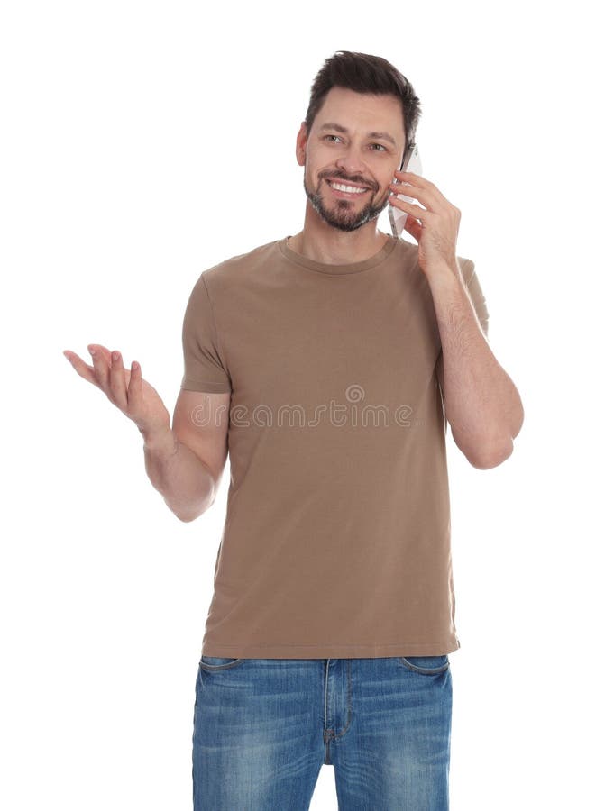 Man Talking on Phone Against White Background Stock Image - Image of ...