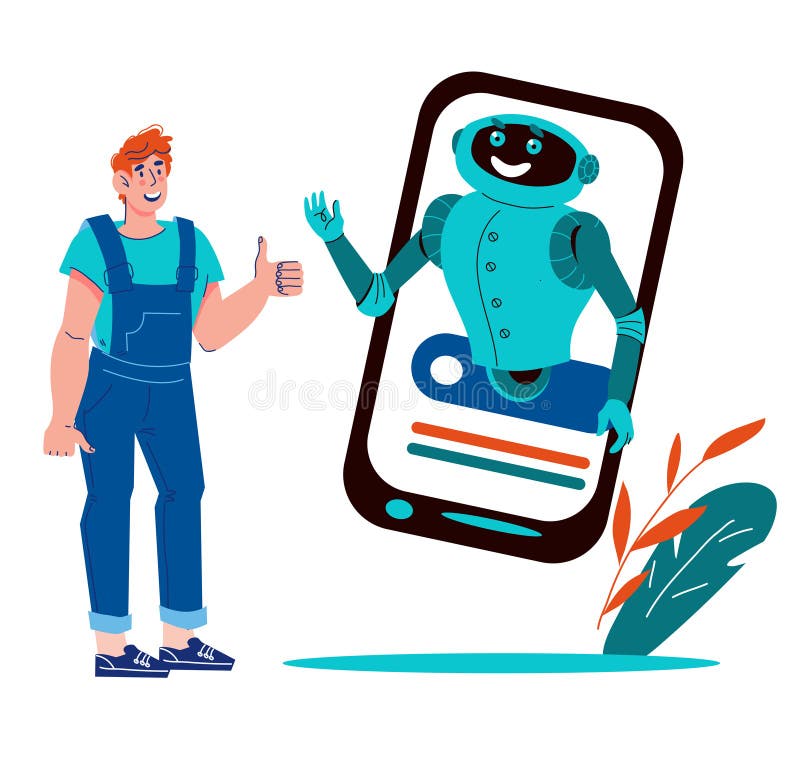 Man Talking with Robot Assistant Online, Cartoon Vector Illustration ... Man Talking with Robot Assistant Online, Cartoon Vector Illustration ...