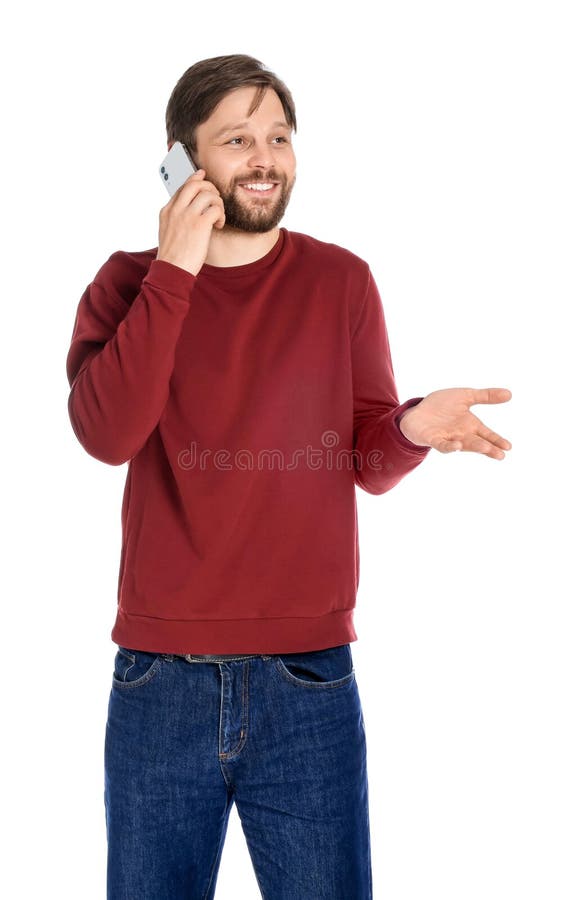 Man Talking on Smartphone Against White Background Stock Photo - Image ...