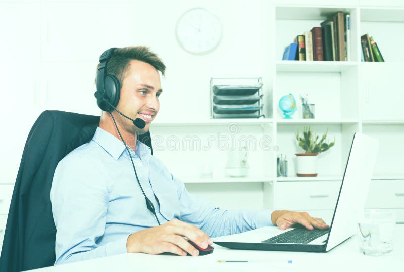 Man Talking Using Hands-free Set Stock Photo - Image of advice ...