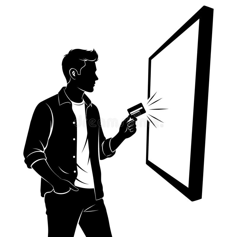 Man Tapping Credit Card on Digital Screen Outline, Payment Vector ...