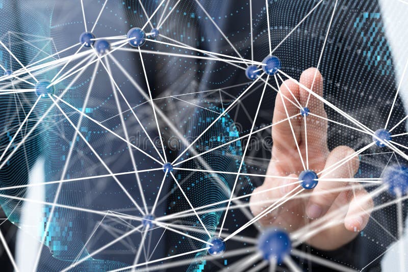 Man Tapping a Floating 3D Rendering of Futuristic Lines of Digital ...