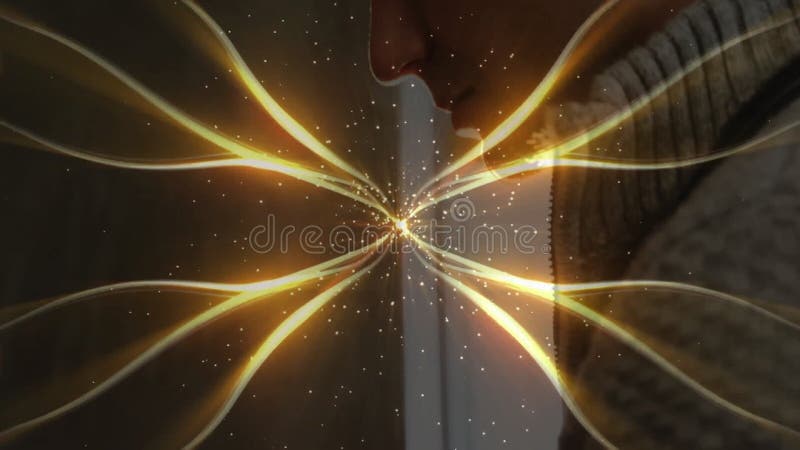 Man Tapping Tripod Tech Device Screen, Generating Golden Rays Turning ...