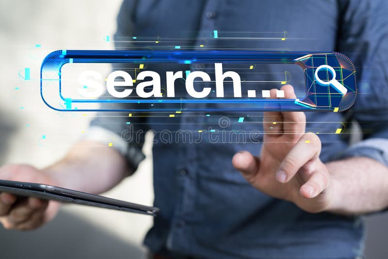 Man Tapping with Two Fingers on a Graphic Blue and White Search Symbol ...