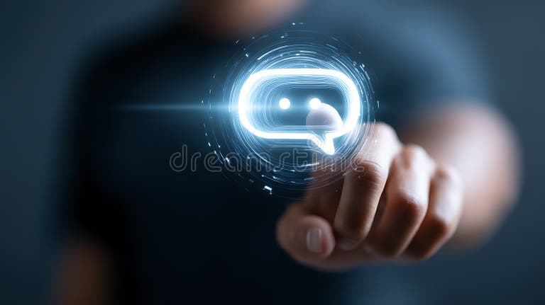 Man Taps Glowing Chat Bubble Icon Represents Artificial Intelligence ...