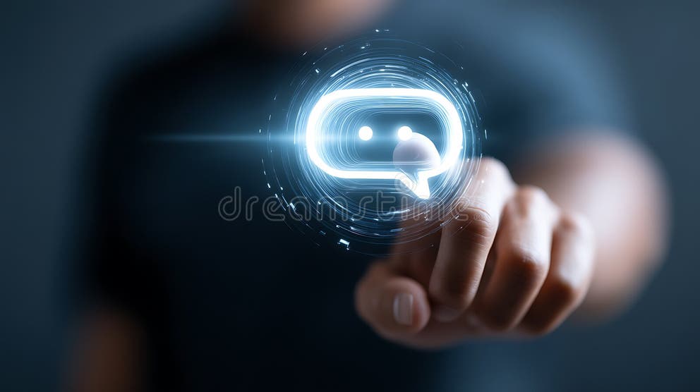 Man Taps Glowing Chat Bubble Icon Represents Artificial Intelligence ...