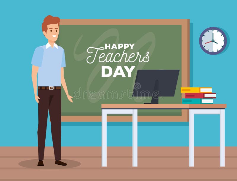 Man Teacher with Blackboard and Clock with Computer Stock Illustration ...