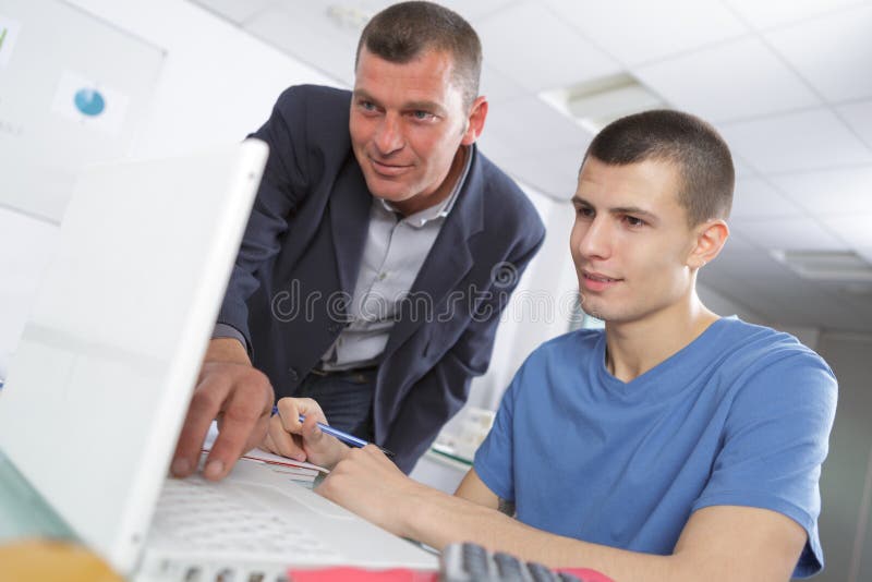 Man Teacher and Student Girl with Computer Stock Photo - Image of ...