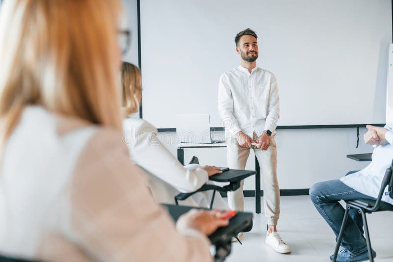 Man is Teaching and Making Master Class. Group of Professional Business ...