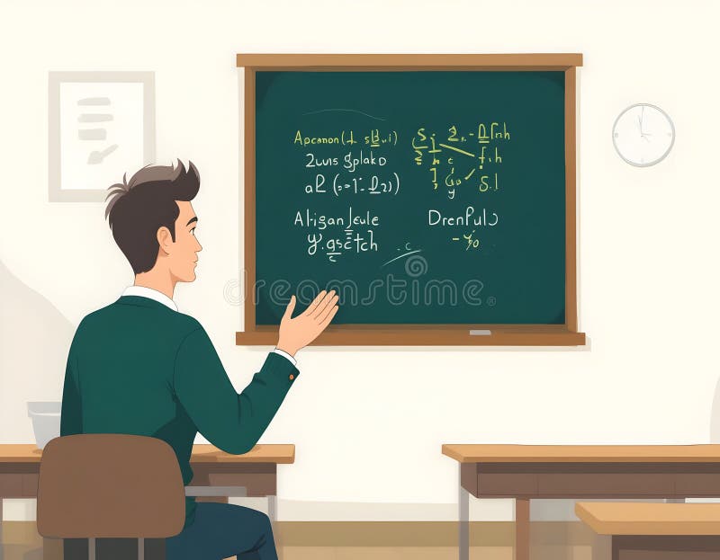 Man Teaching Math in Classroom with Blackboard and Equations Stock ...