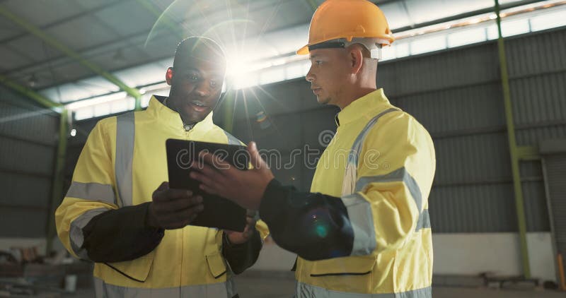 Man, Team and Tablet at Warehouse for Engineering, Research or Planning ...