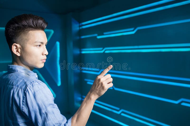 Man on tech background stock photo. Image of happily - 95936116