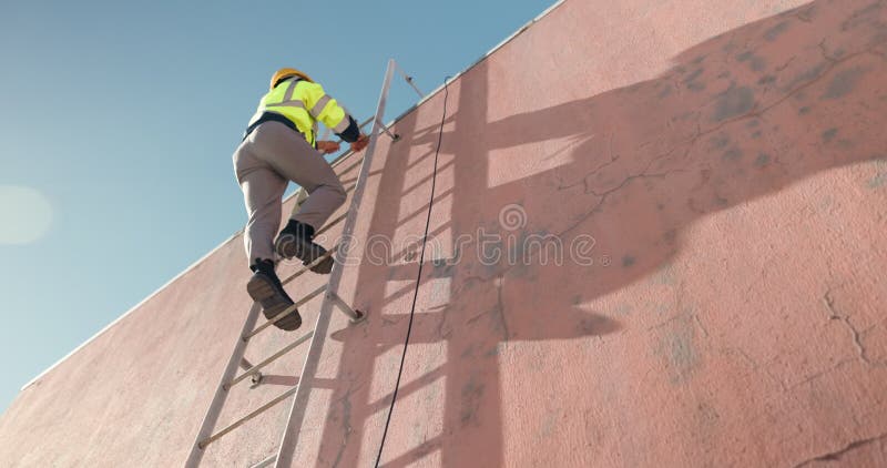 Man, Technician and Climbing Wall on Ladder with Helmet for Rooftop ...