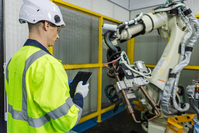 Man Technician Engineer Using Tablet Control Automation Robotics at ...