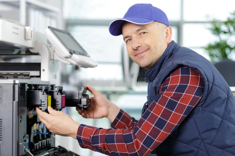 Man Technician Repairing Printer at Business Place at Work Stock Photo ...