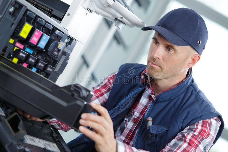 Man Technician Repairing Printer at Business Place at Work Stock Photo ...