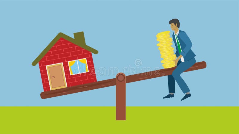 Man on Teeter Board. House on One Side and Man with Money on the Other ...