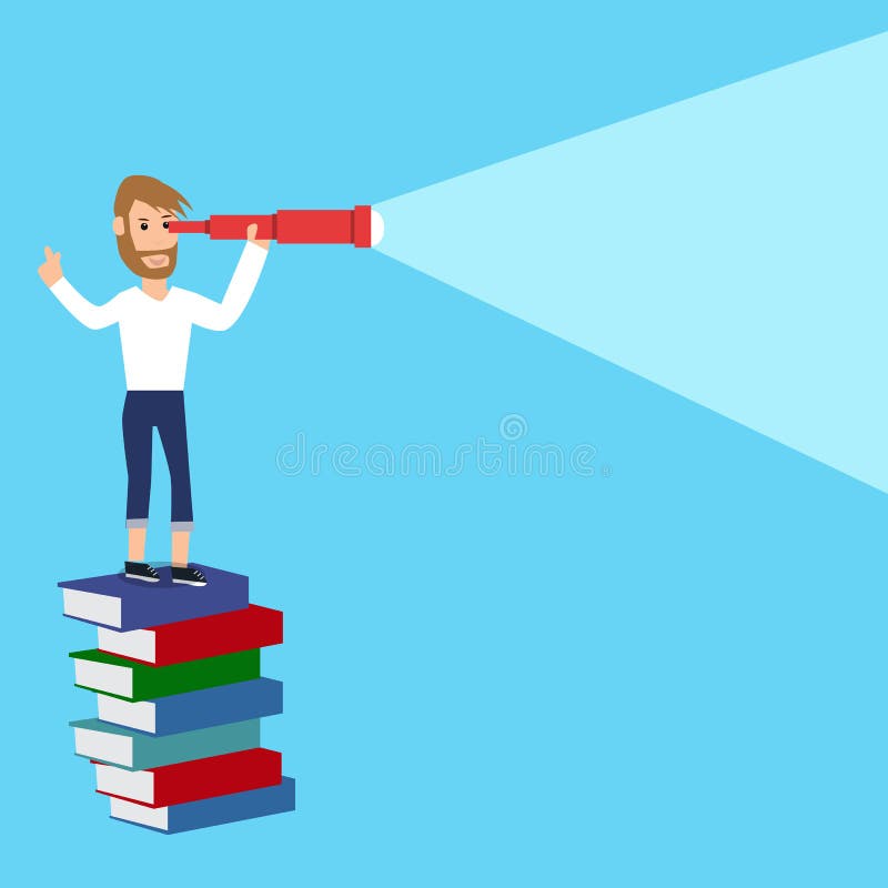 Man with Telescope on the Books Stock Vector - Illustration of final ...
