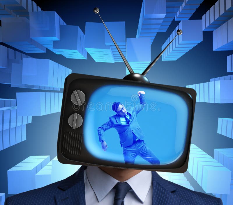 Man with Television Head in Tv Addiction Concept Stock Image - Image of ...