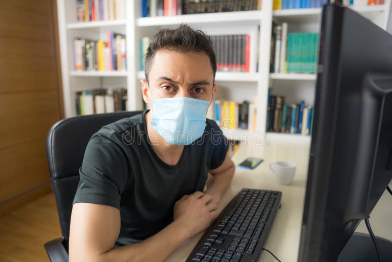 Man Teleworking at Home with Mask Stock Image - Image of remote, virus ...