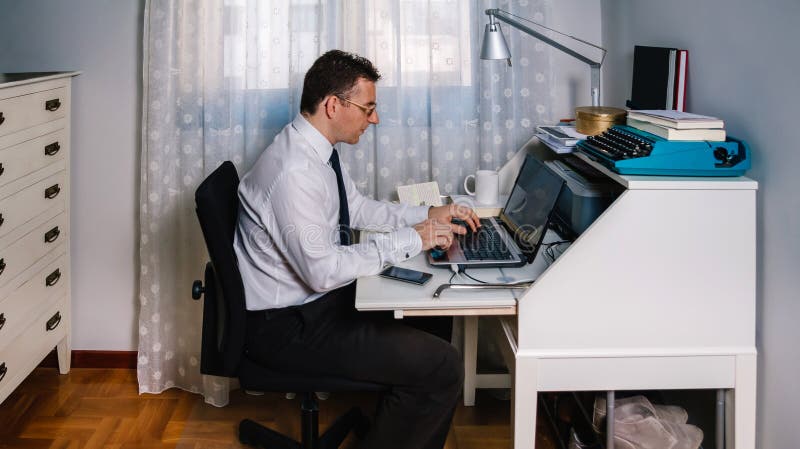 Man Teleworking Wearing Shirt, Tie and Pajama Pants Stock Image - Image ...