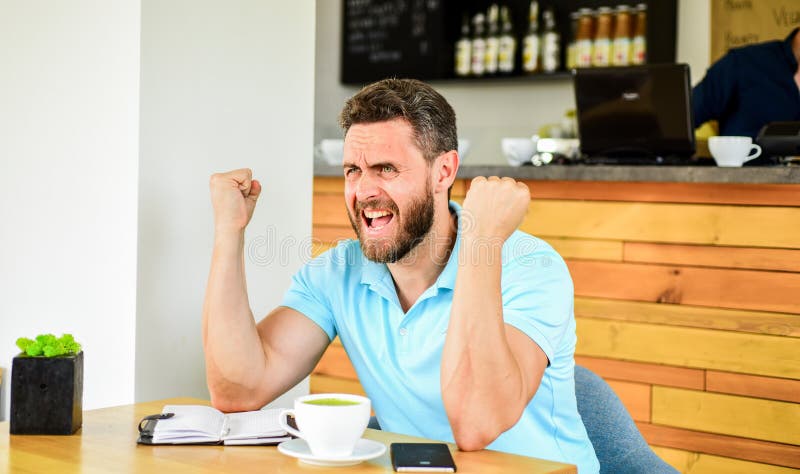 Man Tense Aggressive Expression Face Sit Cafe with Mug of Coffee and ...