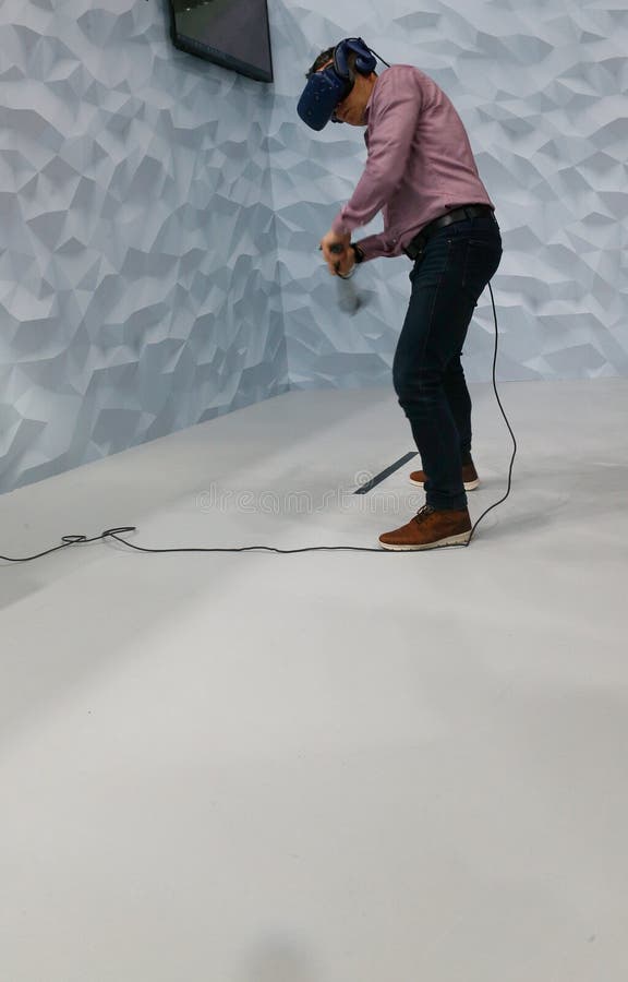 Man Testing VR Headset Baseball Experience at Vive Htc Booth in MWC ...