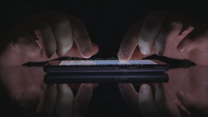 Man Text Using Cell Phone Touch Screen in Dark Office Access Internet ...