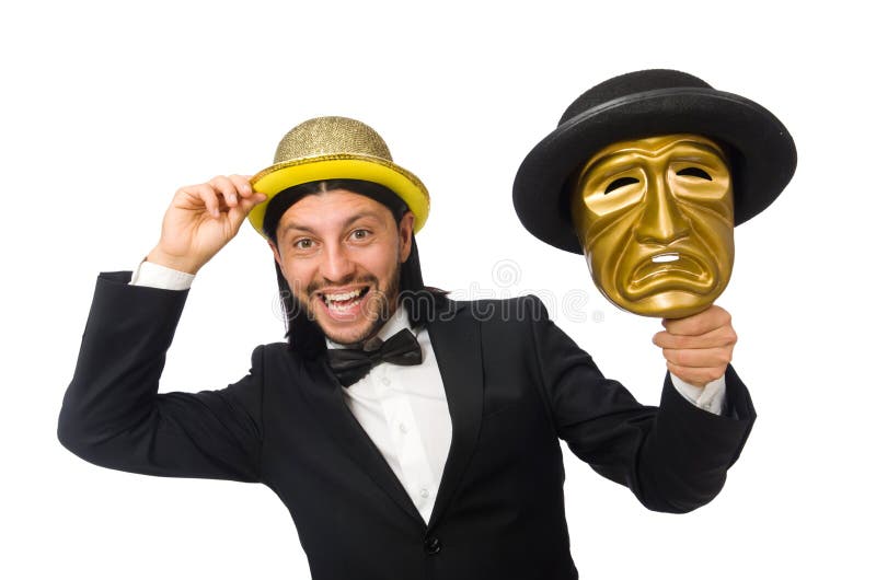 The Man with Theater Mask Isolated on White Stock Image - Image of ...