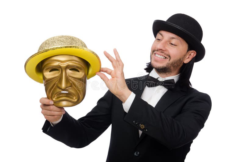The Man with Theater Mask Isolated on White Stock Photo - Image of mask ...