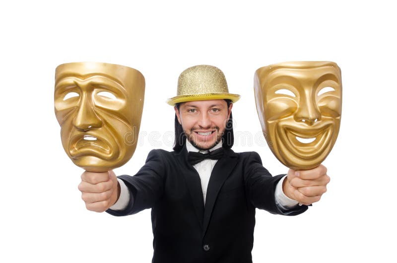 The Man with Theater Mask Isolated on White Stock Image - Image of ...