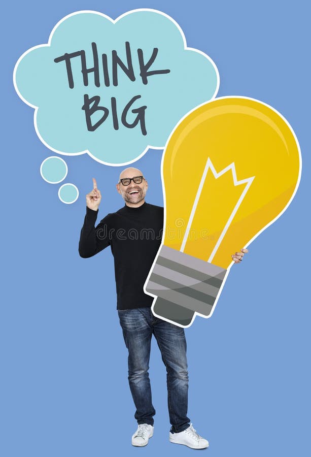 Man with Think Big Ideas Holding a Light Bulb Icon Stock Image - Image ...