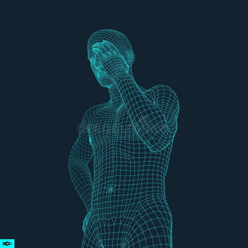 Man in a Thinker Pose. 3D Model of Man. Human Body Wire Model ...
