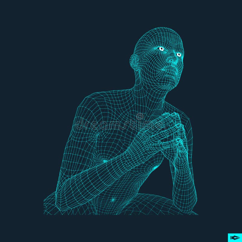 Man in a Thinker Pose. 3D Model of Man. Human Body Wire Model. Stock ...