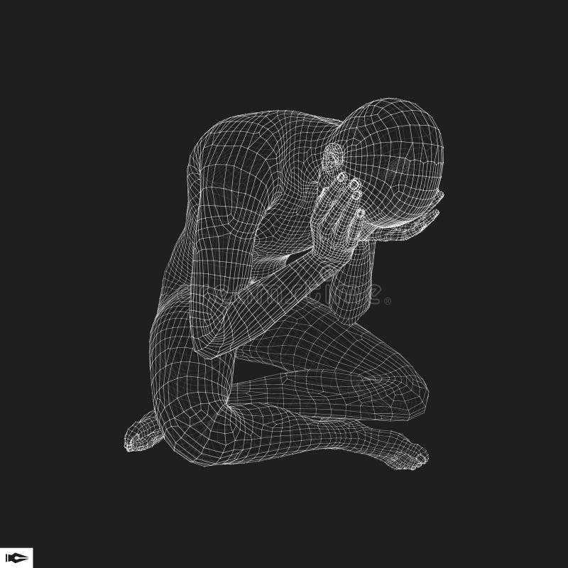 Man in a Thinker Pose. 3D Model of Man. Human Body Wire Model. Stock ...
