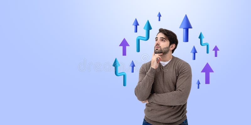 Man Thinking with Arrows Pointing Upwards, Representing Progress Stock ...