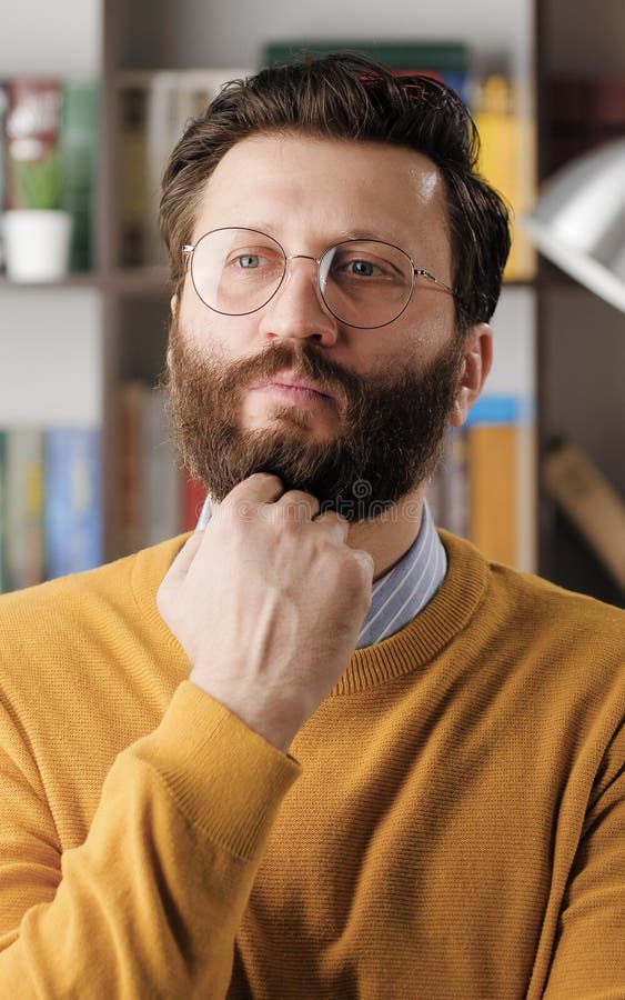 Man Thinking Brainstorm Good Idea Concept Concentrated Bearded Man