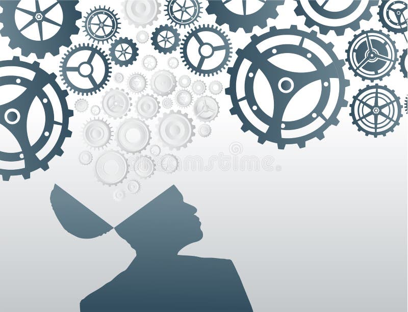 Man Thinking about Cogs and Wheels Stock Vector - Illustration of open ...
